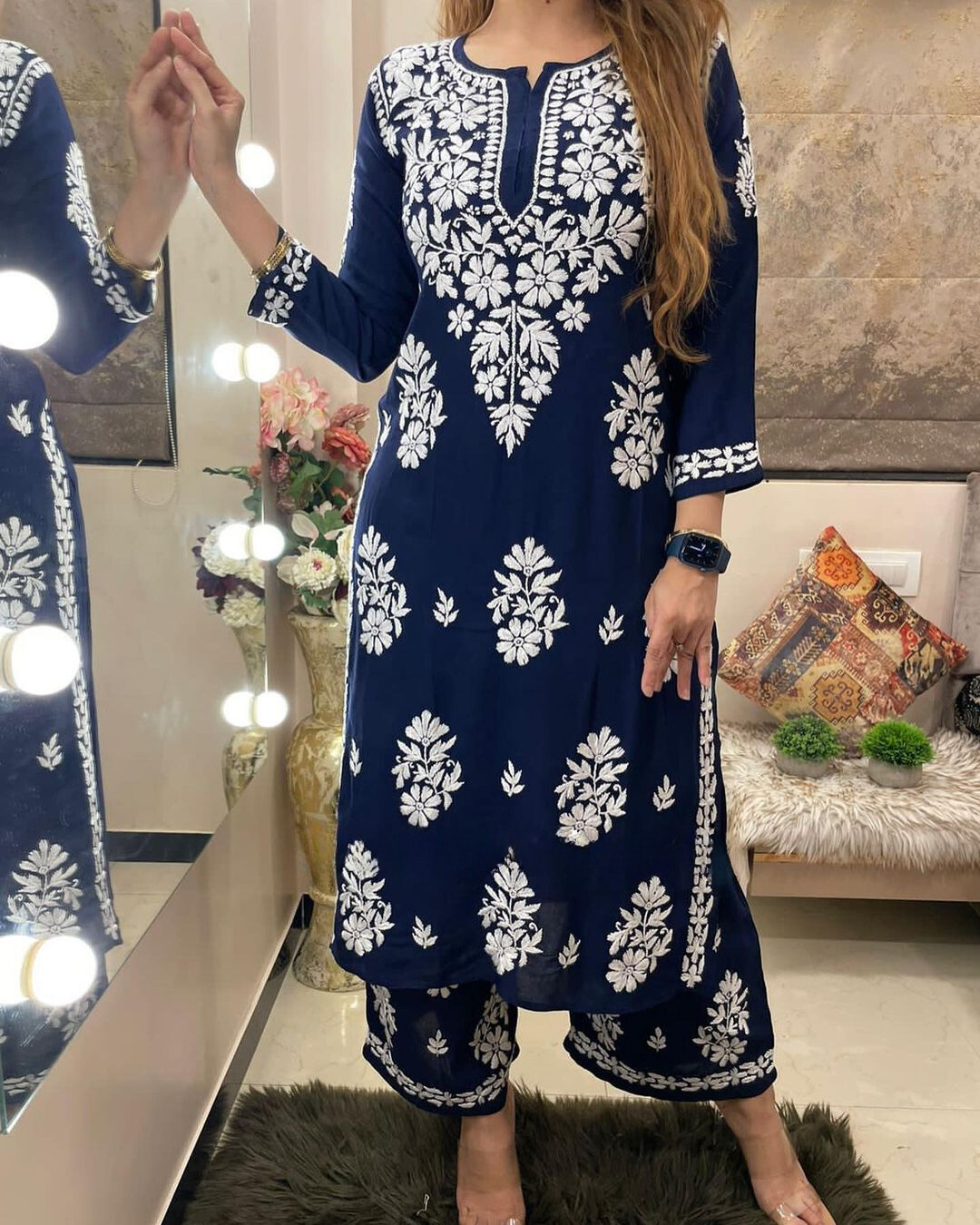 Rayon Cotton Embroidered Chikankari Kurta Set with Palazzo – Everyday ...