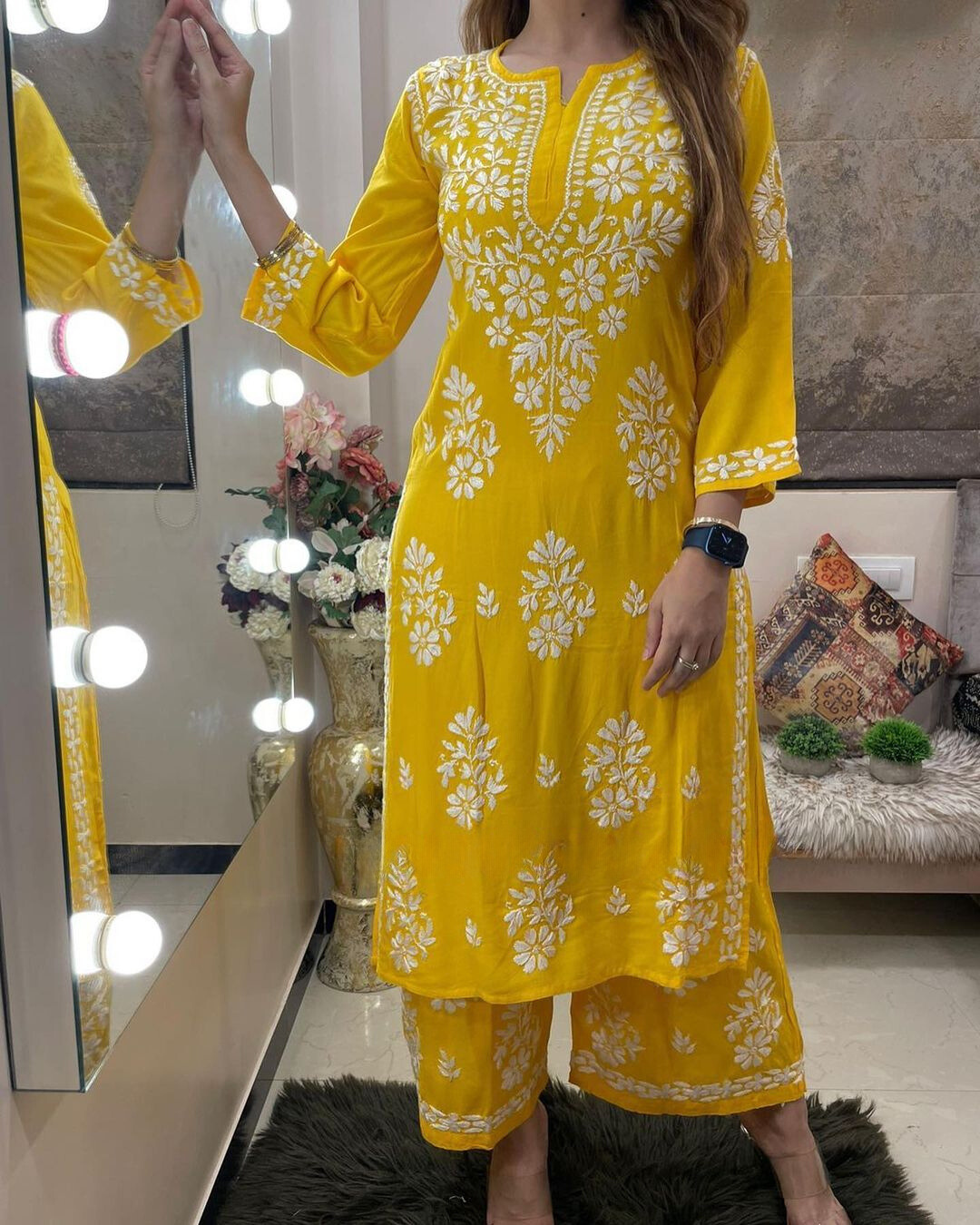 Rayon Cotton Embroidered Chikankari Kurta Set with Palazzo – Everyday ...