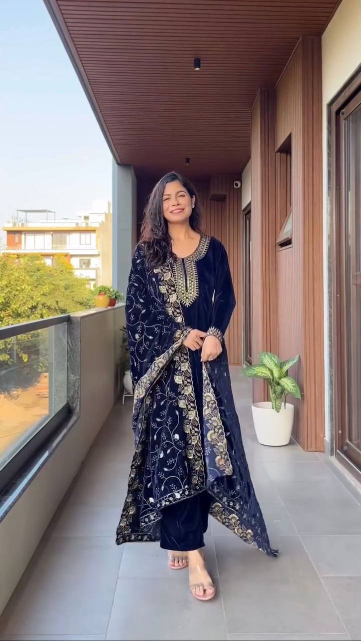 Navy Blue Velvet Sequence Embroidery Work Palazzo Suit – SurtiSilk