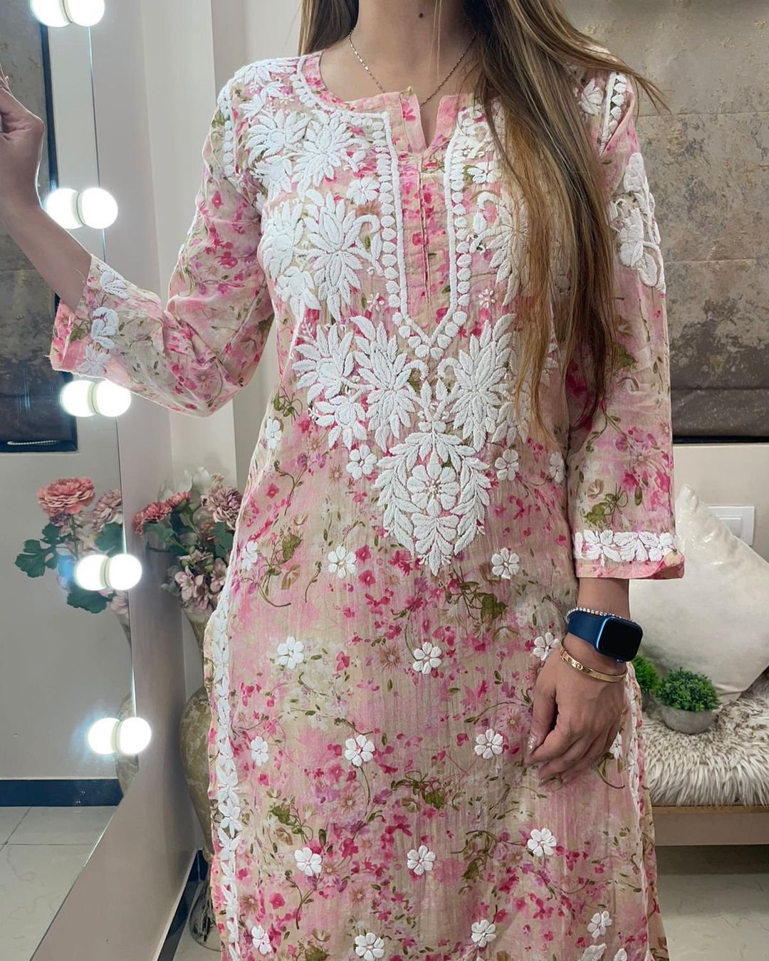 Printed Chikankari Embroidery Work Kurti With Palazzo – Surtisilk